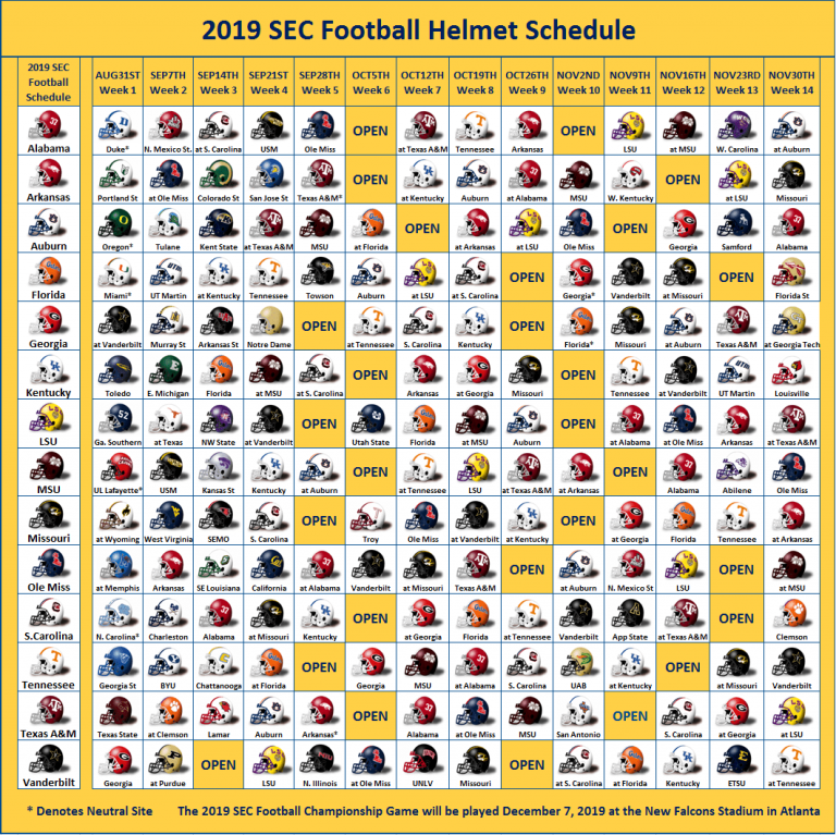 2019 SEC Football Helmet Schedule - SEC Football Online