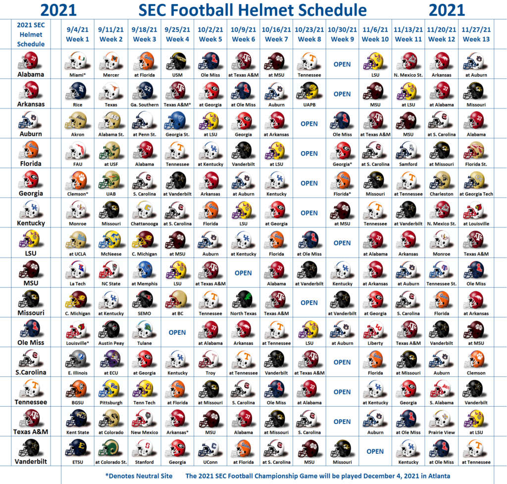 2021 SEC Football Helmet Schedule - SEC Football Online