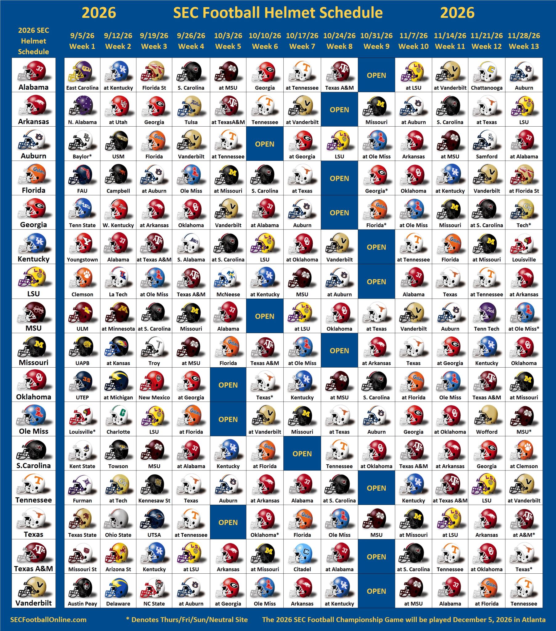 2026 SEC Football Helmet Schedule - SEC Football Online